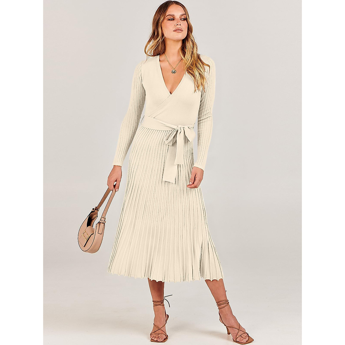ANRABESS Women's 2024 Long Sleeve Sweater Dress Wrap V Neck Pleated Ribbed Knit A Line Belted Tie Waist Midi Dress Beige Medium