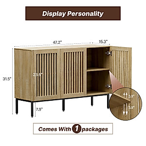 BVIUNTWO Buffet Cabinet with Storage,47.2" Farmhouse Console Table with Metal Base and Adjustable Shelves,Sideboard Coffee Bar Cabinet with 3 Doors for Bedroom,Dining Room,Living Room,Oak