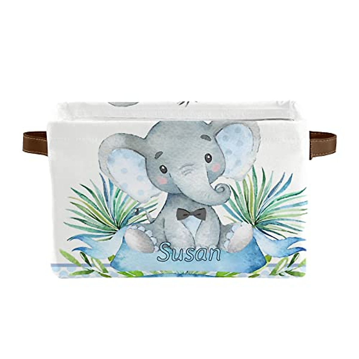 Personalized Elephant Blue Polka Dots Storage Basket Bin with Name Large Storage Cube Box with Handles for Home Office Bedroom Closet Shelves(1 Pack)