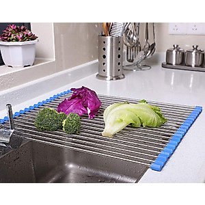 Ahyuan 17.8''x16'' Roll up Dish Drying Rack Over The Sink Dish Drying Rack 304 Stainless Steel Dish Rack Foldable Dish Drainers for Kitchen Sink Counter (Blue)