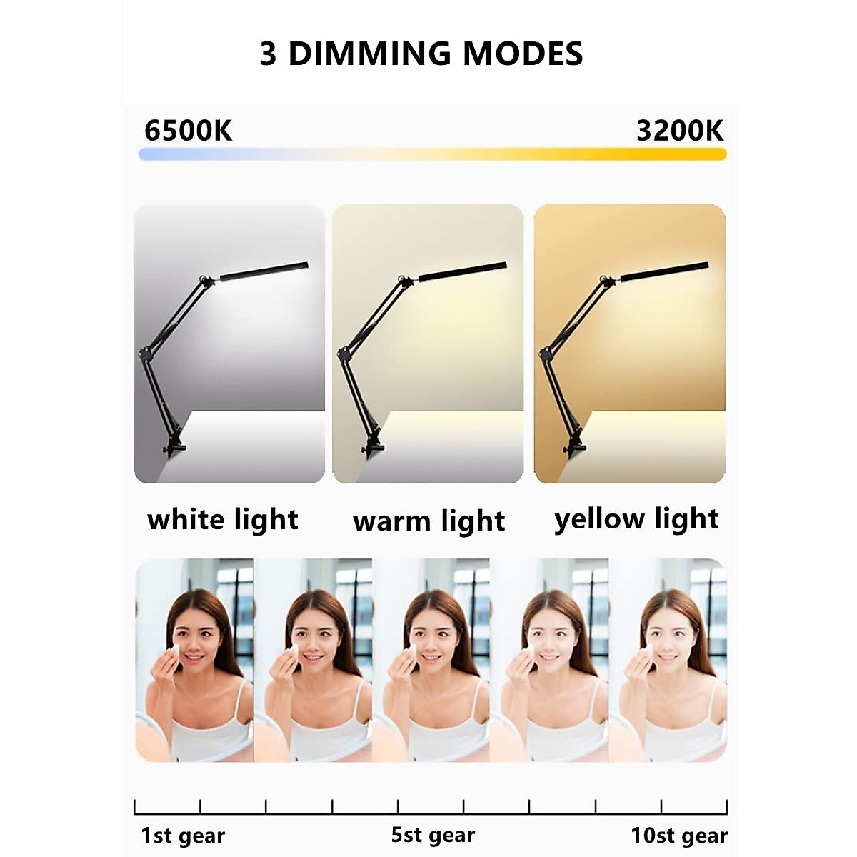 Habisder 12W Eye-Caring Metal Swing Arm Desk Lamp with Clamp, 3 Modes, 20 Brightness Dimmable Clamp Desk Light with Memory Function, for Home Office Study,Studios Reading LED Desk Lamps