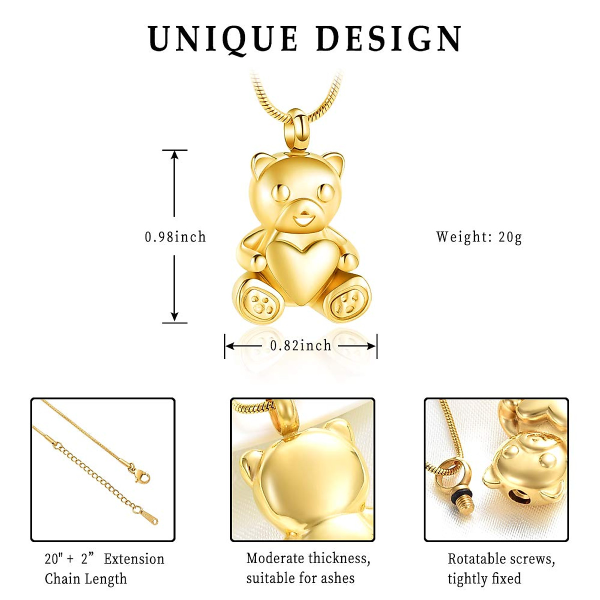 Cremation Jewelry - Teddy Bear Urn Necklace for Men Women with Mini Keepsake Urn Memorial Ash Jewelry