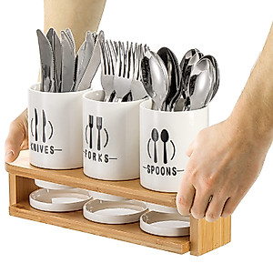 Fasmov Flatware Holder, 3 Pack Silverware Caddy with Bamboo Rack, Utensil Holder Ceramic Flatware Caddy White Ceramic Cutlery Organizer for Forks, Spoons, Knives