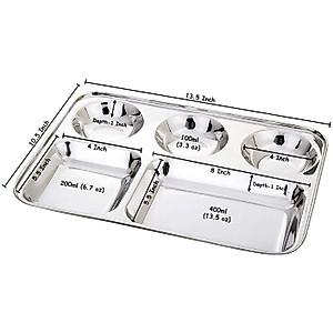 Khandekar Stainless Steel Five Compartment Rectangle Plates, Dinner Plate Set of 4 - Silver