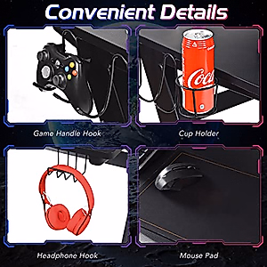 Goplus 45.5 Gaming Desk, Z Shaped Racing Game Table with Carbon Fiber Surface, Mouse Mat, Headphone Hook, Cup Holder, Game Handle Rack, Ergonomic Home Office Computer Table Gamer Workstation