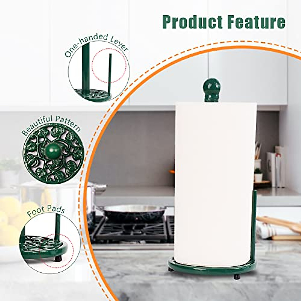 MINLUFUL Cast Iron Paper Towel Holder, Vintage Chic Pumpkin Pattern Weighted Base Roll Paper Towel Holder Stand for Kitchen Bathroom Countertops, Green