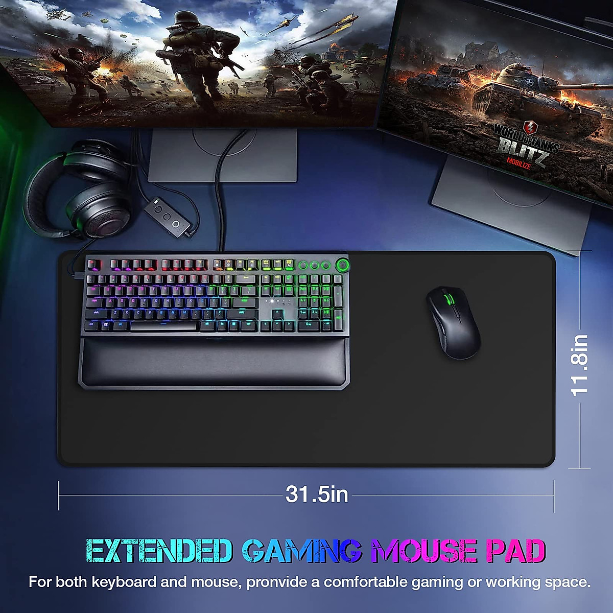 ETZ Large Gaming Mouse Pad,31.5 x 11.8 × 0.12 in with Stitched Edges,Extended Mousepad,Durable Non-Slip Natural Rubber Base,Washable Keyboard Pad,Desk Pad for Gamer,Office & Home,Black