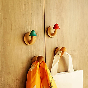 Auntzyj Fun Wooden Mushroom Coat Hook, Non-Perforated Solid Wood Hook, Kitchen Bathroom Cloakroom Door Hook (Red,4 pcs)
