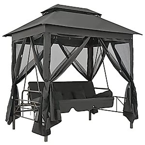 vidaXL Outdoor Swing Bench w/Canopy Convertible Lawn Garden Poolside Couryard Porch Swing Furniture Hanging Seat Seating Anthracite Steel