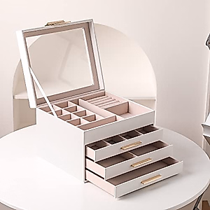 Frebeauty Clear Lid Jewelry Box,4 Layers Jewelry Organizer Large Multi-Functional Jewelry Storage Box with 3 Drawers,Jewelry Display Case of Rings Earrings Necklace Bracelets for Women Girls (White)