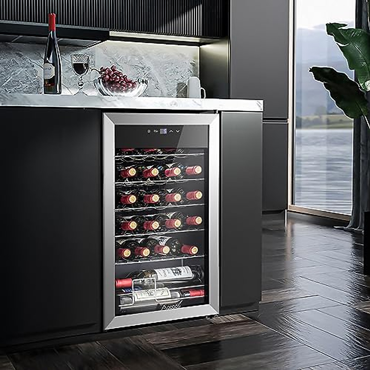 AAOBOSI Wine Fridge, 24 Bottle Wine Cooler 46-66℉ Beverage Wine Refrigerator, Glass Door Free Standing Mini Wine Cellar with Adjustable Shelves and Temperature Memory for Bar, Home, Condo