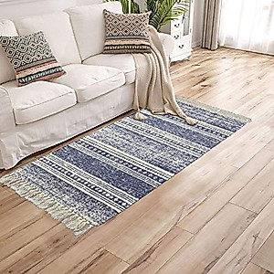 ABREEZE Cotton Rug Runner 2'x4.3', Boho Rug for Bedroom, Hand Woven Cotton Fringe Tassel Area Rug for Kitchen Laundry Bathroom Doorway