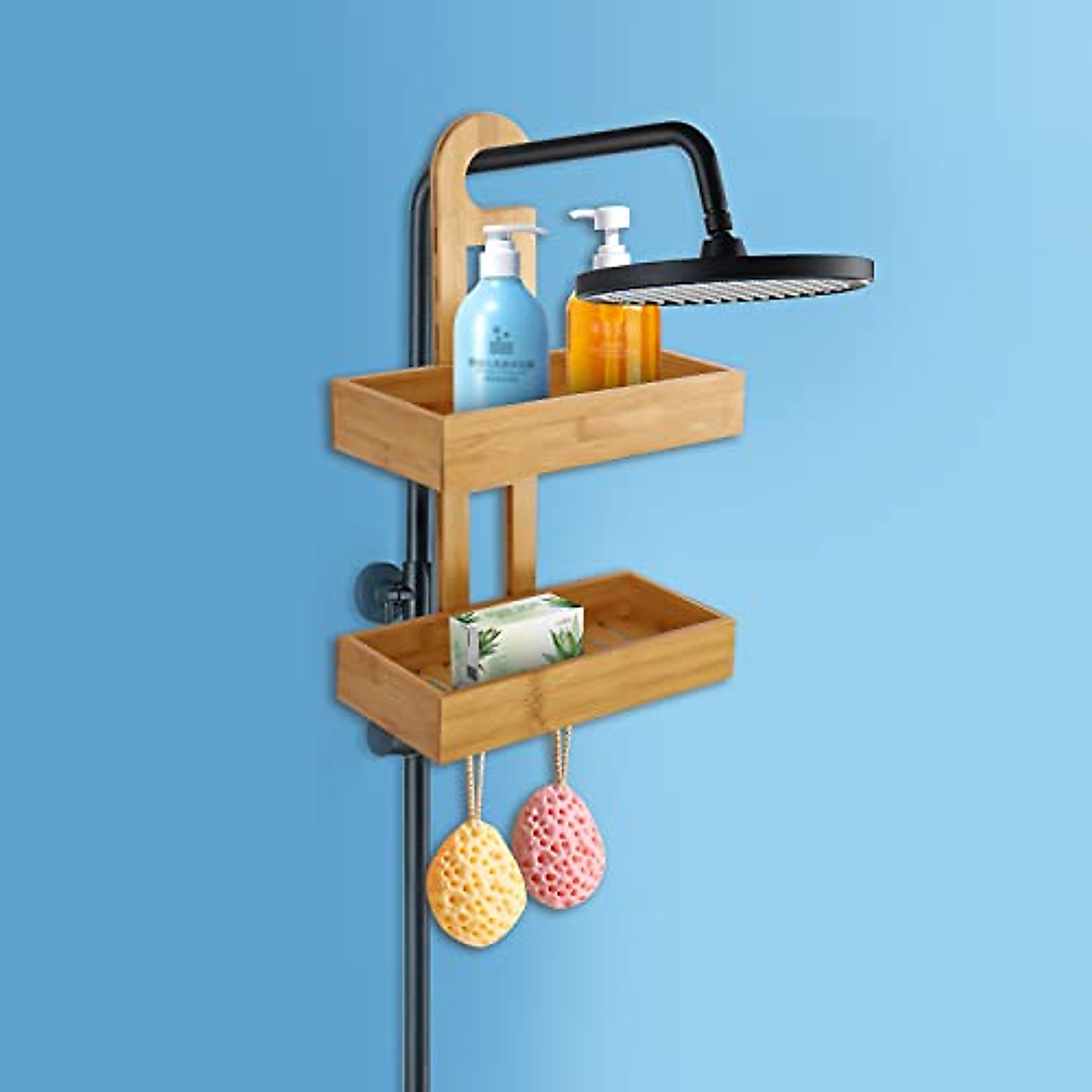 Mgorgeous Bamboo Hanging Shower Caddy, Natural & Waterproof Bamboo Shower Rack w/ 2 Storage Baskets & 2 Hanging Hooks, 2-Tier Bathroom Shower Organizer Holder for Shampoo, Conditioner, Soap