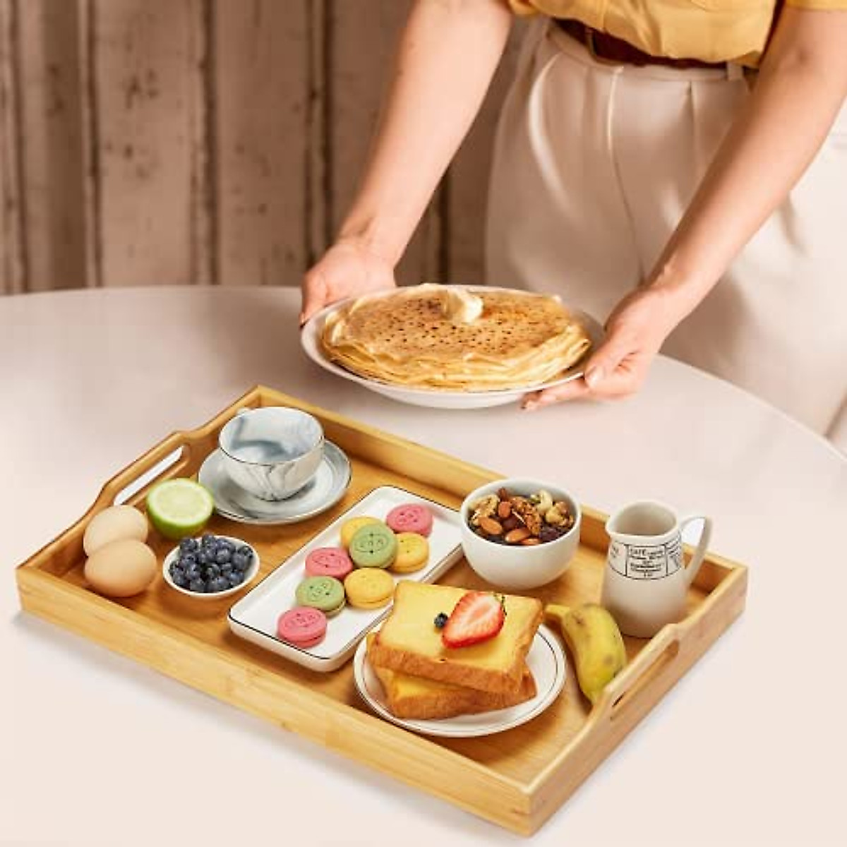 AMONE Serving Tray with Handles，Bamboo Wooden Tray Great for Dinner Trays, Tea Tray, Bar Tray, Breakfast Tray, or Any Food Tray - Good for Parties and Outdoors (2Pack)