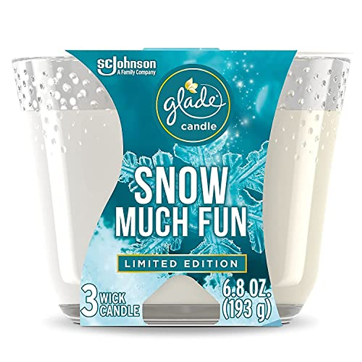 Glade Candle, Fragrance Candle Infused with Essential Oils, Air Freshener Candle, 3-Wick Candle (Snow Much Fun)