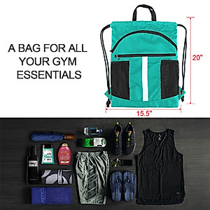 BeeGreen Teal Drawstring Backpack String Bag with Water Bottle Pockets Large Workout Bag Sackpack and Shoe Compartment Swim Sports Cinch Bag for Men Women Gym Yoga