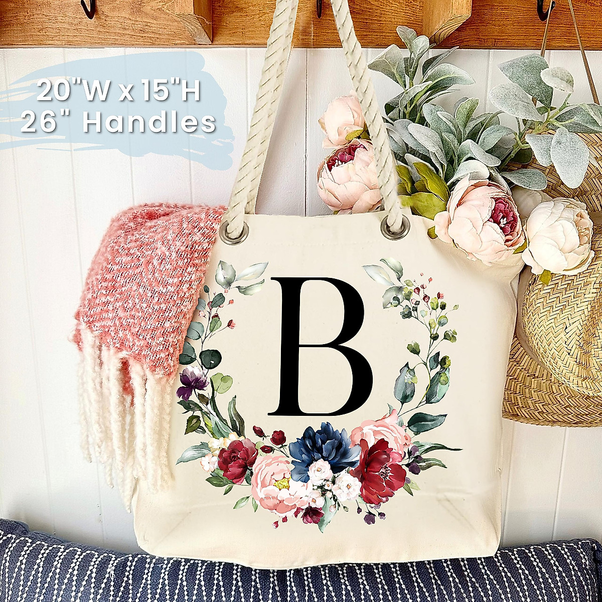 Personalized Floral Initial Cotton Canvas Beach Tote Bag, Customize Monogrammed Totes Gift for Bridesmaid (Initial V)