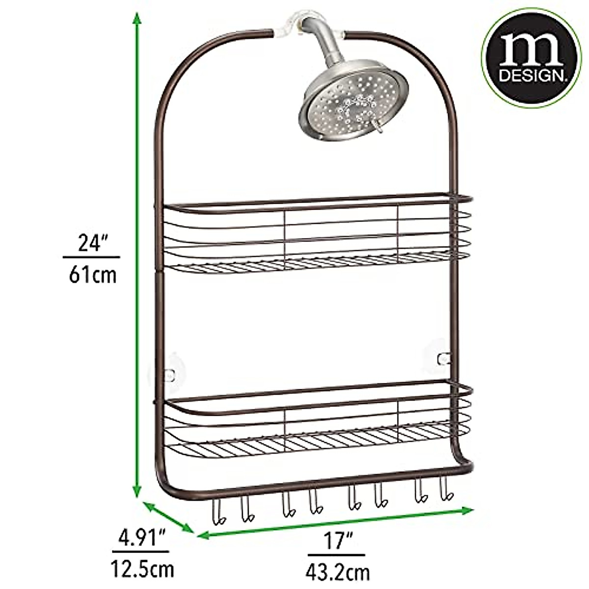 mDesign Extra Wide Hanging Shower Caddy Storage Organizer, Metal Wire Bathroom Organization Center with Built-In Hooks and Baskets on 2 Levels for Shampoo, Body Wash, Loofahs - Bronze