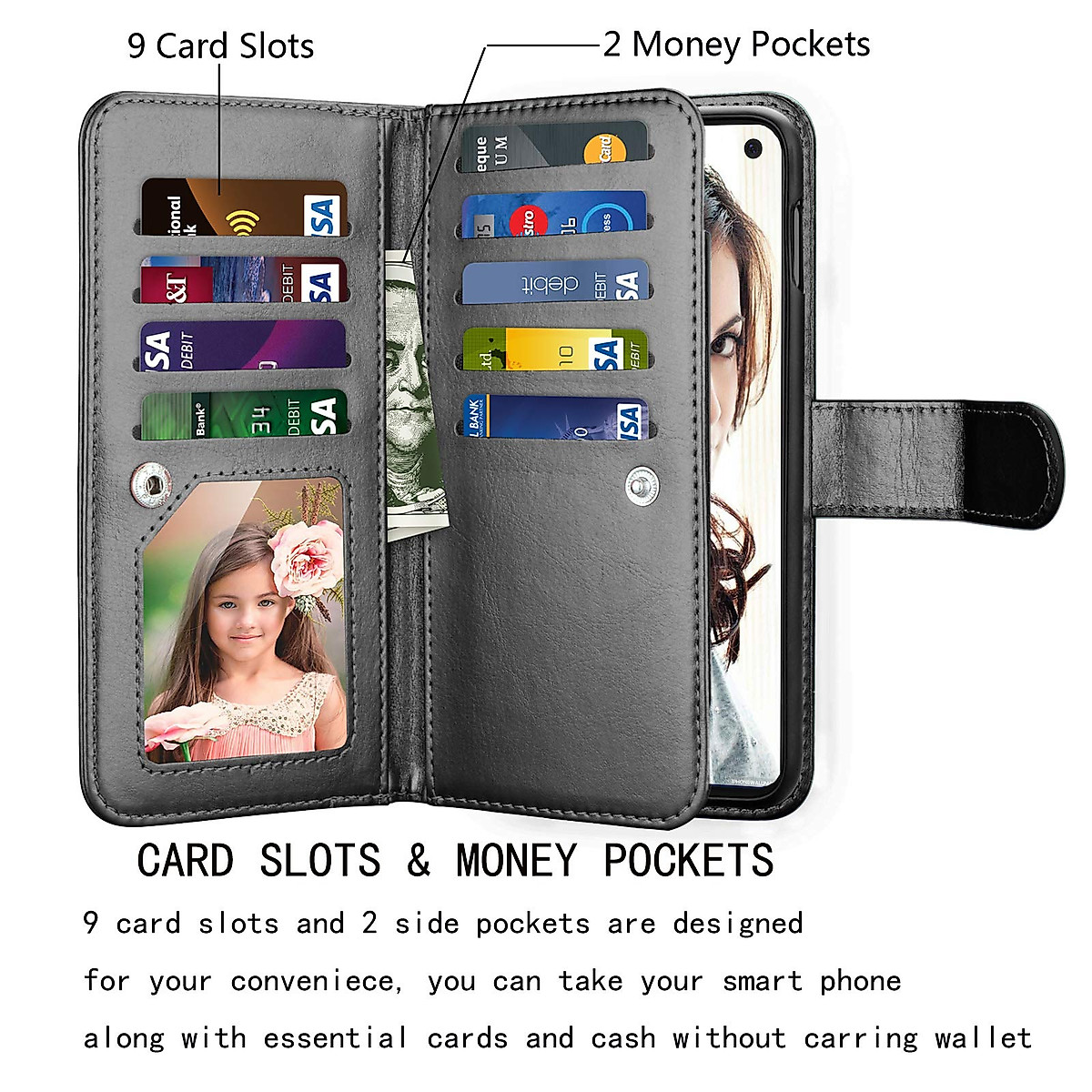 NJJEX Wallet Case for Galaxy S10E, for Galaxy S10E 5.8" Case, PU Leather [9 Card Slots] Credit Holder Flip Folio [Detachable][Kickstand] Magnetic Phone Cover & Wrist Strap for Samsung S10E [Black]