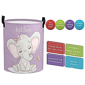 Personalized Butterfly Elephant Purple Laundry Hamper with Name Text Storage Clothes Basket Foldable Laundry Bag with Handles