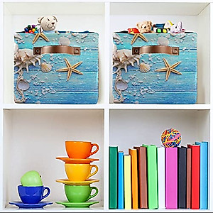 FZDXZJJ Summer Beach Wooden Starfish Storage Basket Bins, Ocean Nautical Decorative Baskets Storage Box Collapsible Storage Cubes Organizer with Handles for Nursery Shelf Closet Office Home Bedroom,1 Pack