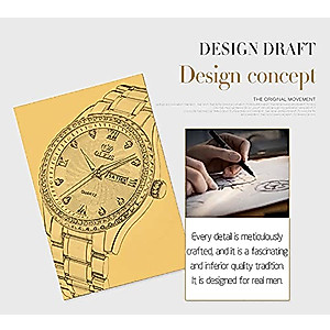 OLEVS Gold Watches for Men Diamond Luxury Wrist Watch Valentines Gifts Set Waterproof Stainless Steel Big Face Luminous Classic Casual Dress Day Date Calendar Analog Quartz Watch for Young Male