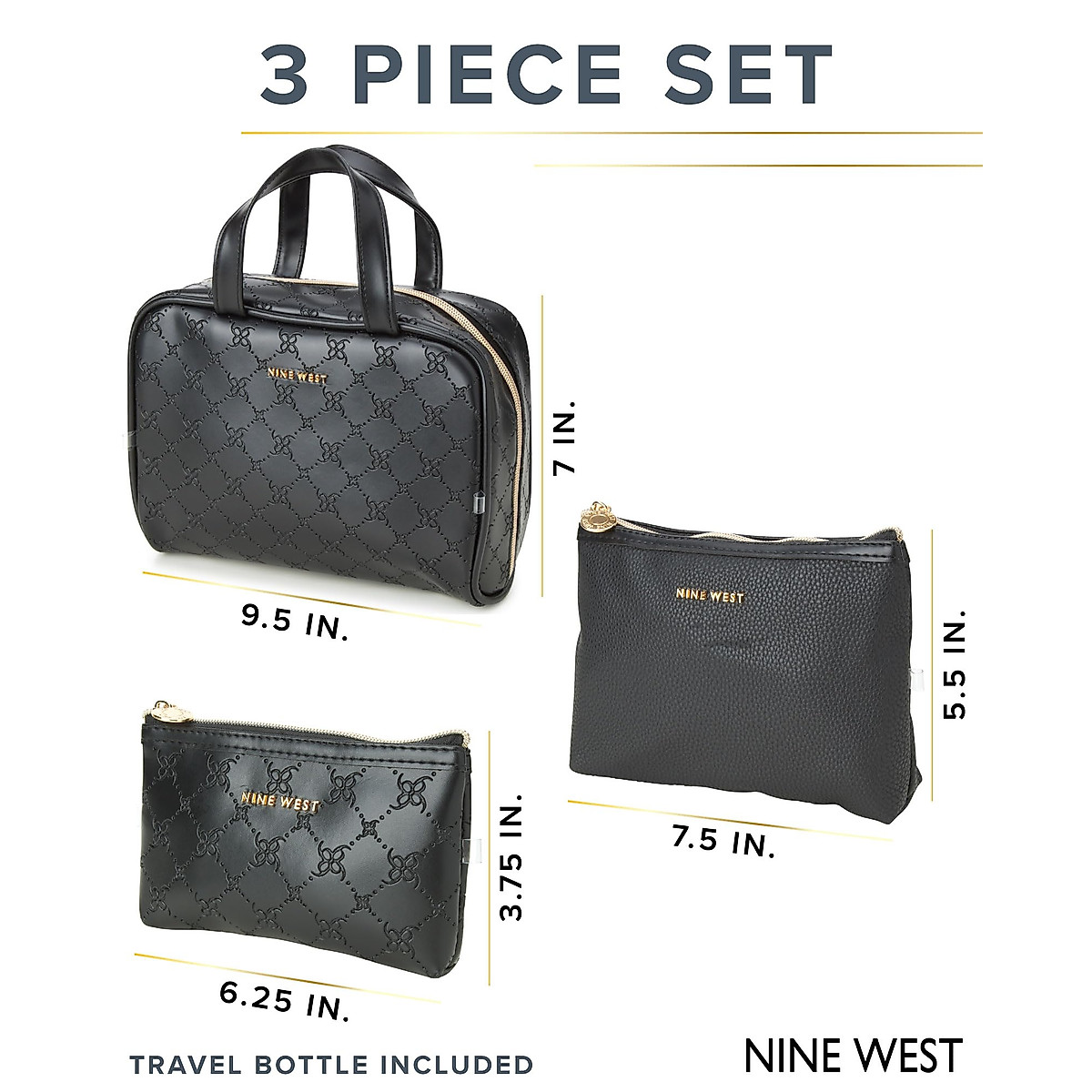 Nine West Women's Toiletries Bag - Travel Makeup and Toiletries Matching Accessories Set - Makeup Organizer Case Set, Size One Size, Black