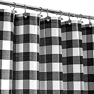 Barossa Design Buffalo Check Shower Curtain: Cotton Blend Plaid Woven Texture & Machine Washable, Water-Repellent, Rustic Farmhouse Style for Bathroom - Black and White, 71x72 Inch