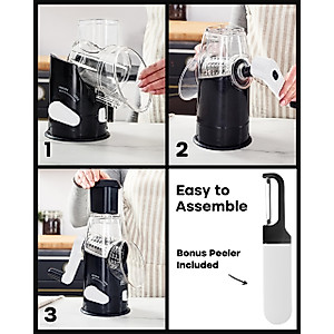 BASSWOOD Rotary Cheese Grater with Handle - Mandoline Slicer with 3 Stainless Steel Drum Blades-Vegetable Slicer Walnuts Grinder Cheese Shredder Round Mandoline with Peeler (Black)