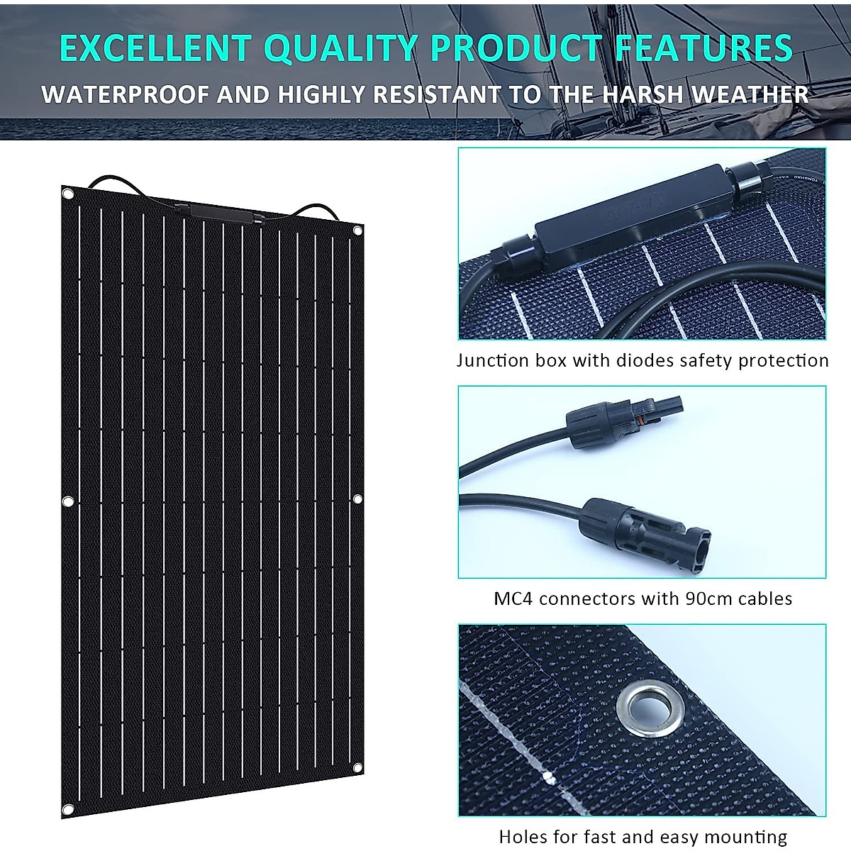 AUECOOR 800 Watts 24Volts 8pcs 100W ETFE Flexible Solar Panel System Kits with 60A Charge Controller/4Y Connectors/Alligator Clip PV Connector/Solar Panel Cables Connector