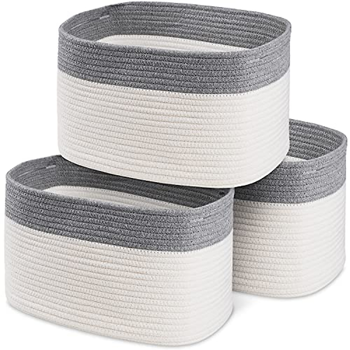 Cotton Rope Basket for Storage | 15"x10"x9" Set of 3 White & Gray Medium Storage Baskets for Organizing with Handles works as Cloth Baskets, Blanket Basket, Big Woven Laundry Basket or Toy Bin like Wicker Laundry Baskets