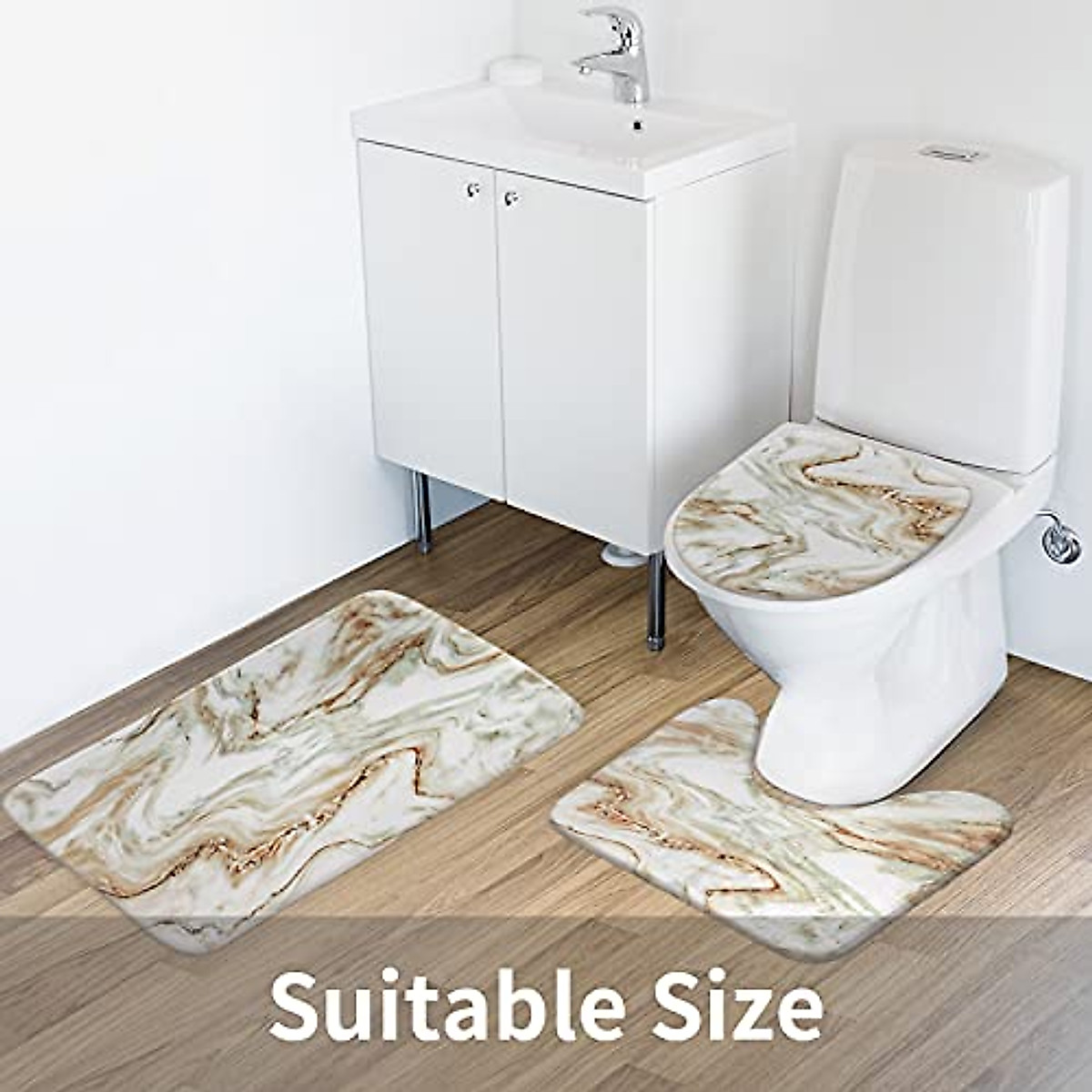 MitoVilla 4 Pcs Brown Marble Shower Curtain Sets with Rugs, Tan Bathroom Decor Sets with Shower Curtain and Rugs and Accessories, Modern Bathroom Curtain Sets with Mats