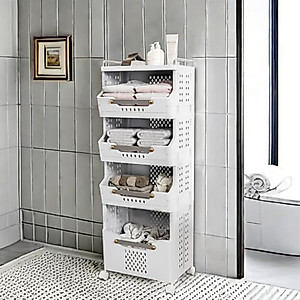 Multifunctional Storage Cart, Large Capacity Kitchen Cart, 4-Layer Rolling Storage Cart with Wheels, Mobile Cart with Push Rod and Basket, Suitable for Living Room, Bedroom, Bathroom, Laundry Room