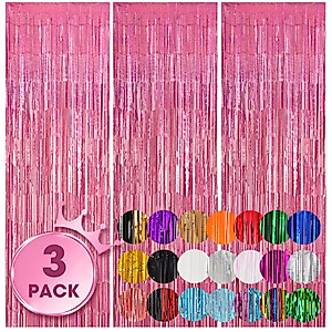 Voircoloria 3 Pack 3.3x8.2 Feet Laser Pink Foil Fringe Backdrop Curtains, Tinsel Streamers Birthday Party Decorations, Fringe Backdrop for Graduation, Baby Shower, Gender Reveal, Disco Party