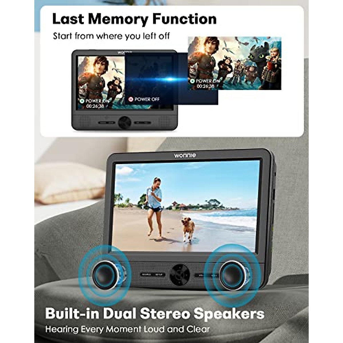 WONNIE 10" Car DVD Players, Portable DVD Player Dual Screen Play Two Different or The Same Movie with 2 Headrest Mount, 5 Hours Rechargeable Battery, Last Memory, AV Out&in, Support USB/SD/Sync TV