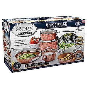 Gotham Steel Pots and Pans Set – Premium Ceramic Cookware with Triple Coated Ultra Nonstick Surface for Even Heating, Oven, Stovetop & Dishwasher Safe, 10 Piece, Hammered Copper
