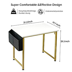 Lufeiya Small Computer Desk White Writing Table for Home Office Small Spaces 31 Inch Modern Student Study Laptop PC Desks with Gold Legs Storage Bag Headphone Hook,White Gold