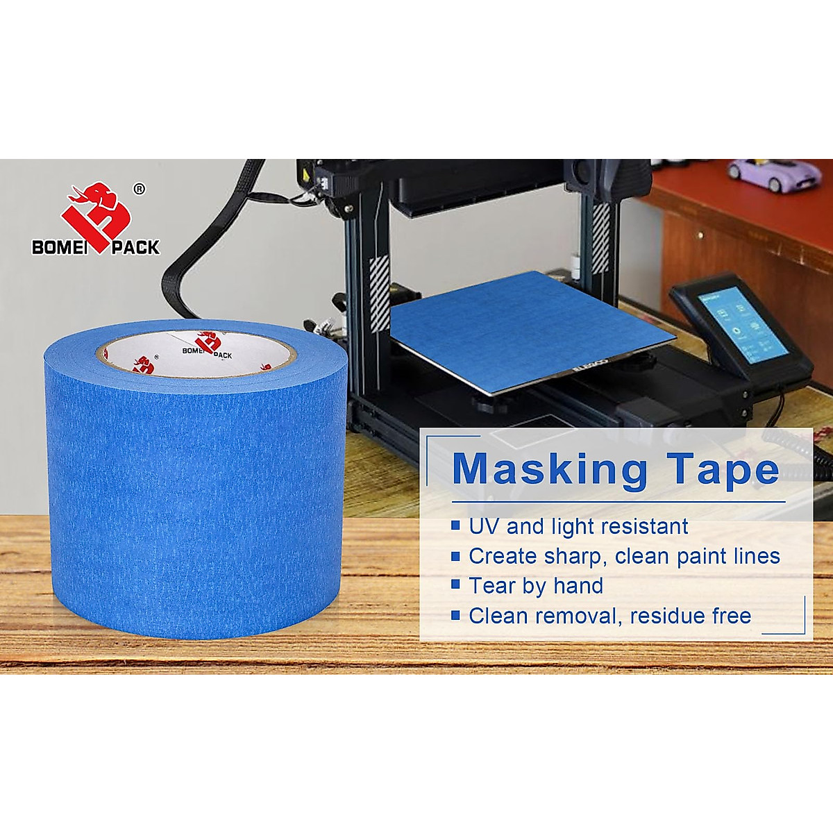 BOMEI PACK Wide Blue Painters Tape 4 Inches x 60 Yards, 3D Tape, 3D Printing Tape for Laser Cutting, 21-Day Clean Removal Wide Masking Tape
