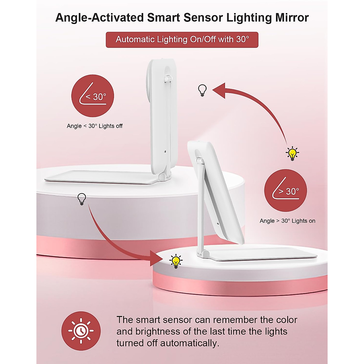 Gospire Travel Makeup Mirror with Lights and Magnification 10X, Portable Make Up Compact Tabletop with Adjustable Stand, 3 Colored Light Rechargeable Lighted LED Cosmetic Vanity- White