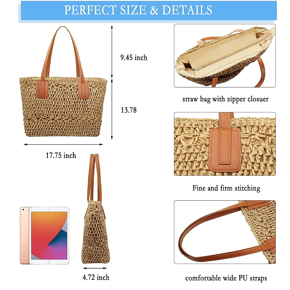 Fozehlad Straw Beach Tote Bag for Women Rattan Wicker Clutch Raffia Bag Summer Woven Hobo Shoulder Handbag