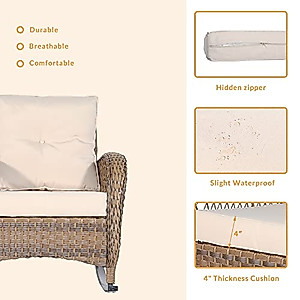 W WARMHOL Outdoor Wicker Rocking Chair with Thickened Cushions, All-Weather Rattan Patio Rocking Chairs, Rocker Wicker Chair for Porch Garden & Backyard, Beige