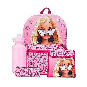 Barbie Backpack 4 Piece Set | Girls School Bag Set | Girls Backpack, Lunch Bag, Water Bottle and Pencil Case Set | Childrens Backpack | Pink