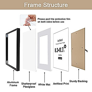 AntNest A4 Aluminum Picture Frame, Acrylic Front, Thin Black Metal Poster Frame for 8.3x11.7 Pictures, Horizontal/Vertical Wall Mount, Wall Hook Included