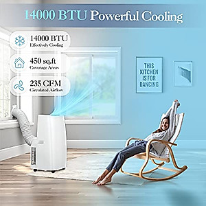 LifePlus Portable Air Conditioner, 14,000 BTU Portable AC Unit Up to 500 Sq Ft, Cooling Fan and Dehumidifier Modes, with Remote Control 3 Speeds Wind 90° Swing Window Kits 24H Timer