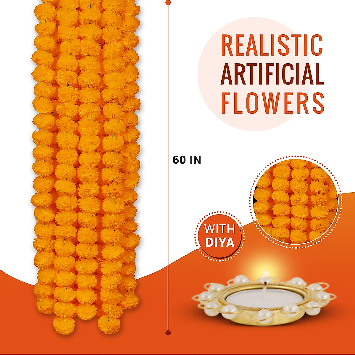 Marigold Garland for Decoration 5 Feet Indian Artificial Flowers for Diwali, Christmas, Party, Wedding Backdrop, Pooja & Cempasuchil Garlands Mexican Day of The Dead Halloween with 1 Diya (Orange 5)
