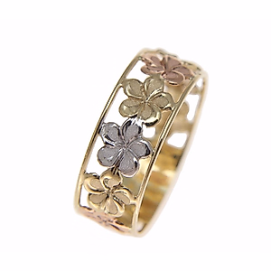 Arthur's Jewelry 14K solid tricolor yellow white rose gold Hawaiian plumeria flower lei ring 6.5mm size 6