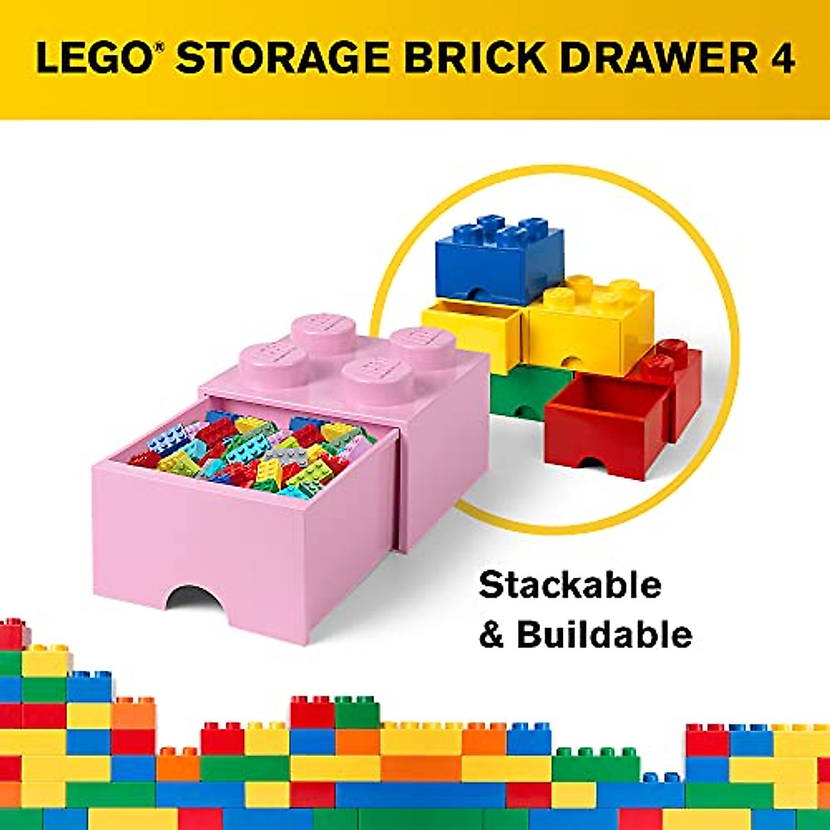 Room Copenhagen LEGO Brick Drawer, 4 Knobs, 1 Drawer, Stackable Storage Box, Light Pink