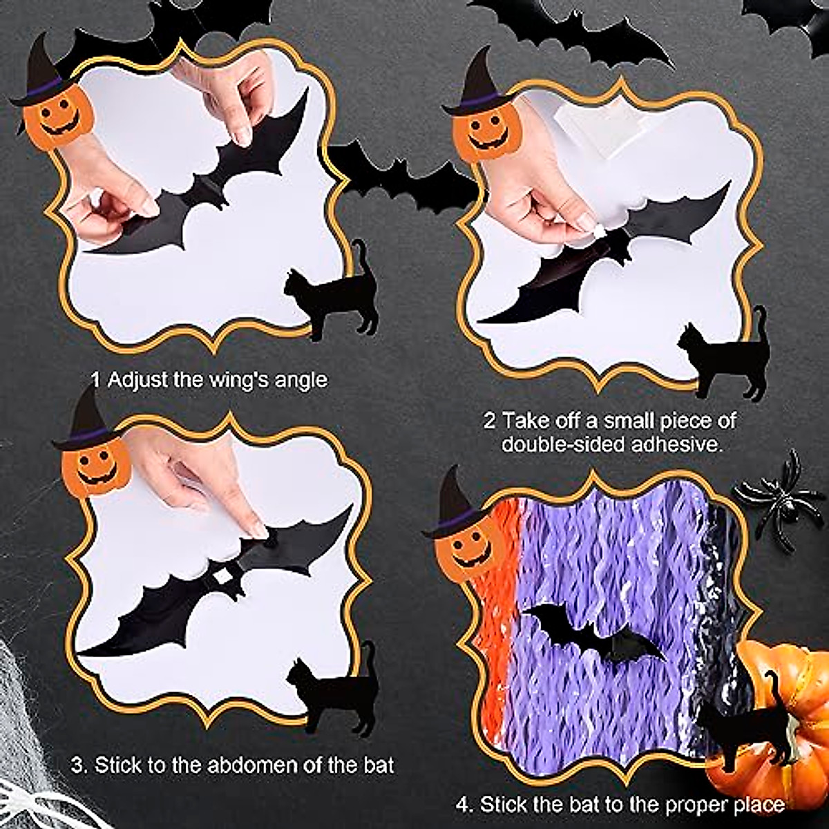 Mega-L Halloween Foil Fringe Curtains, 3 Pack Orange Purple Black Photo Booth Props, 18 Pcs PVC Bat & Spider Stickers Wall Decals, Halloween Photo Backdrop Wall Decor for Halloween Party Decorations