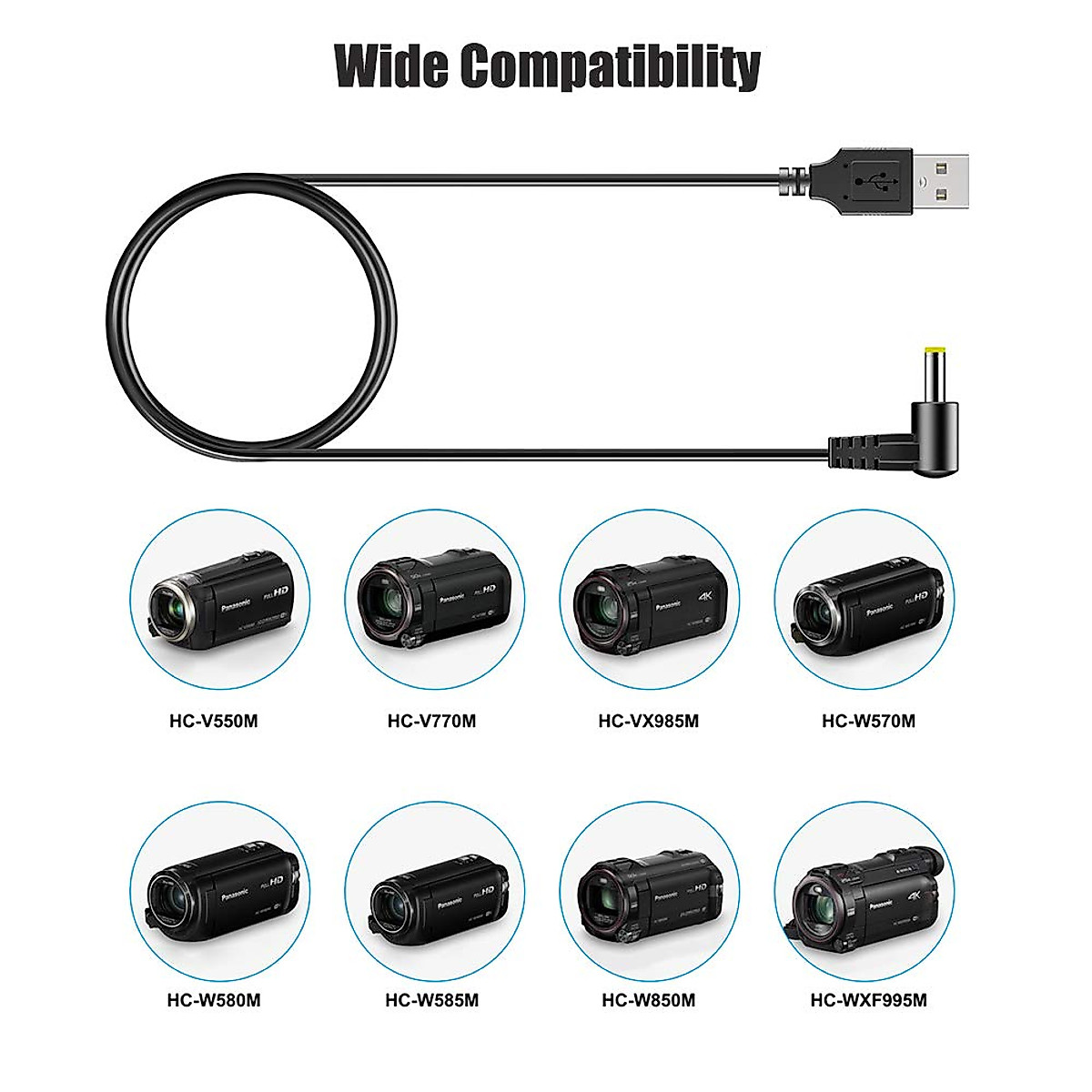 USB DC Cable for Panasonic K2GHYYS00002 HD Camcorder, Ideal Power Supply Replacement Charger Cord for HC-V180K HC-V380K HC-V770 HC-VX870 HC-WX970 HC-WXF991