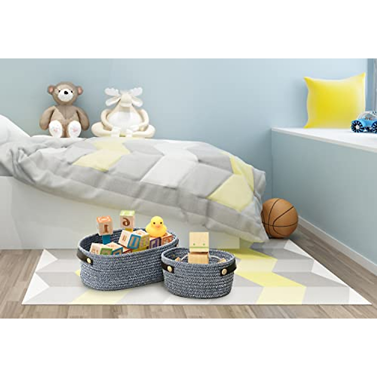 2 Pack Storage Rope Basket with Handle for Books, Magazines, Toys, Nursery, Bedroom, Living Room, Spa Soft Woven Bins (DARK BLUE)